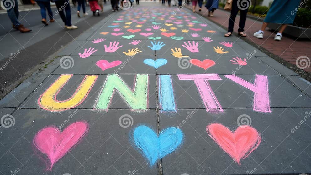 Word Unity in Chalk on Sidewalk with Hearts and Handprints Stock ...