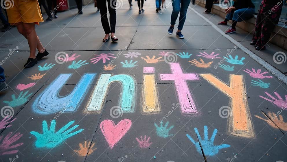 Word Unity in Chalk on Sidewalk with Hearts and Handprints Stock ...