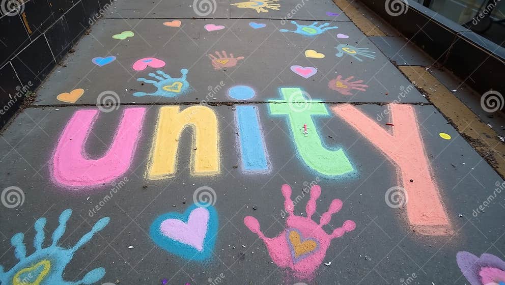 Word Unity in Chalk on Sidewalk with Hearts and Handprints Stock ...