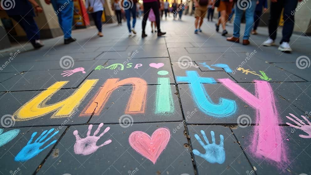 Word Unity in Chalk on Sidewalk with Hearts and Handprints Stock ...