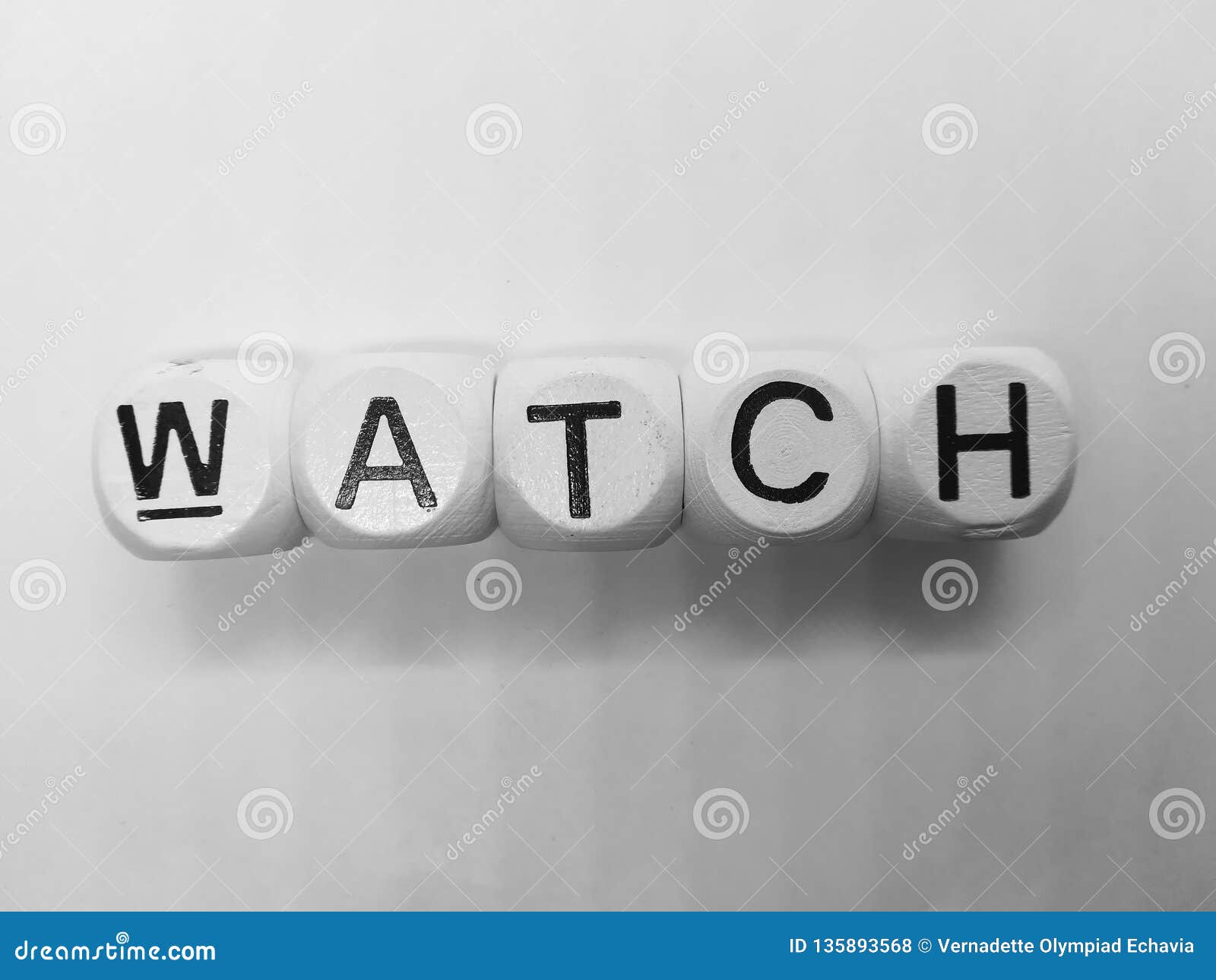 Word watch spelled on dice stock photo. Image of typography - 135893568