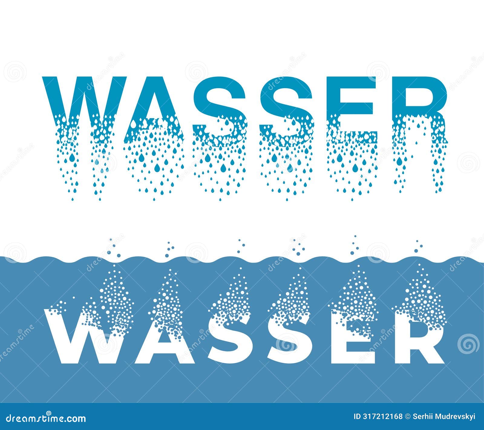 The Word "water" in German Dissolves into Droplets. Drops of Liquid ...