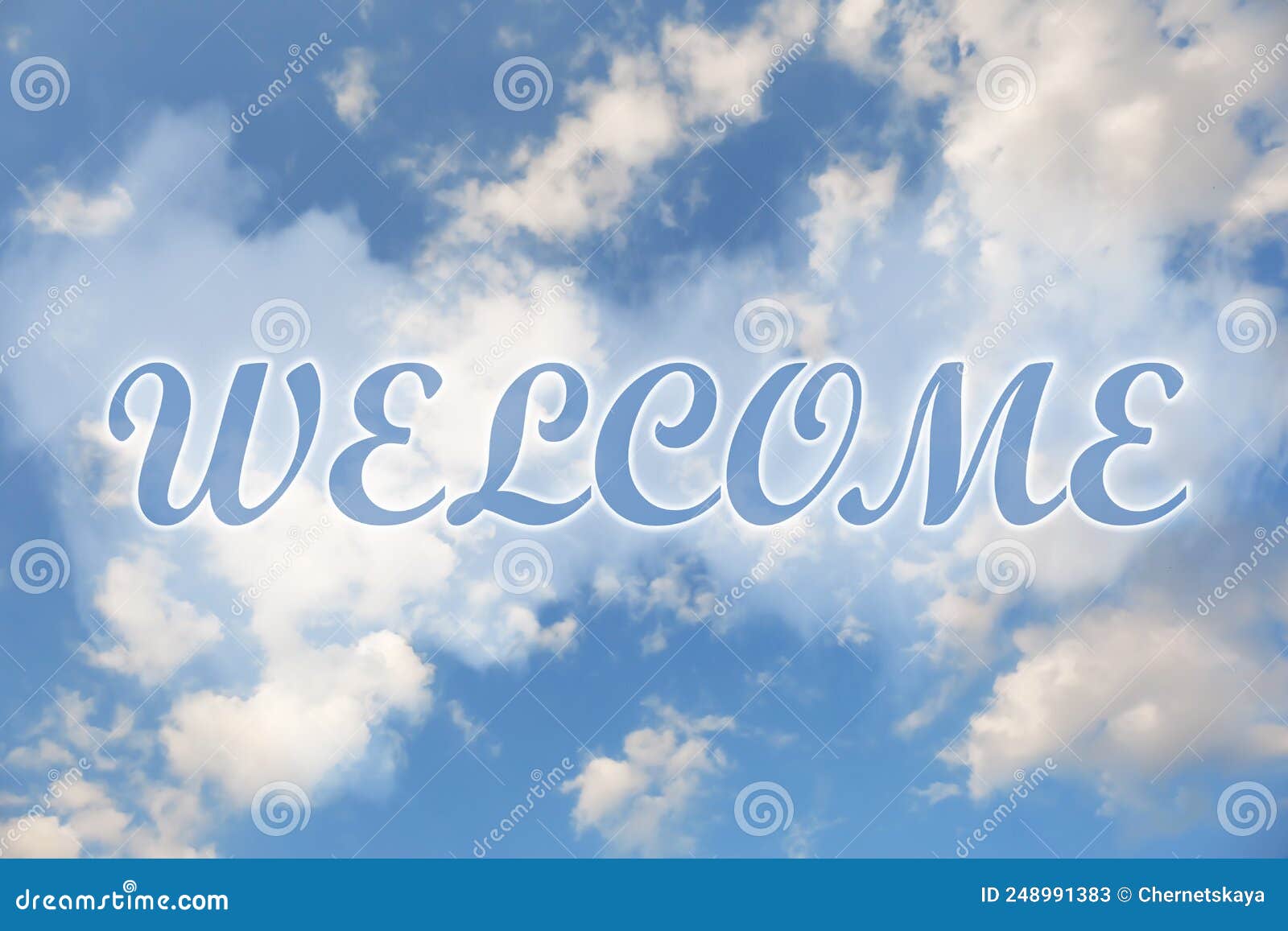 Word WELCOME and Beautiful View of Blue Sky with Fluffy Clouds Stock ...