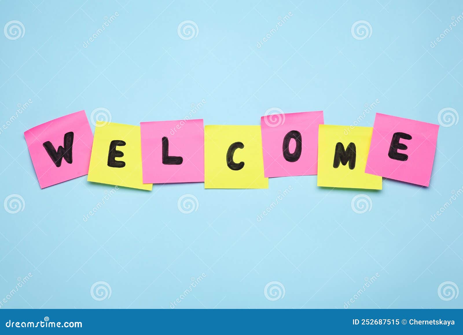 Word Welcome Made of Paper Notes on Light Blue Background, Top View ...