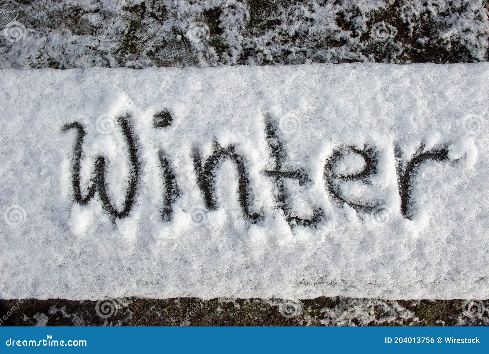 Word Winter Written on a Bench Covered with Snow Stock Photo - Image of ...