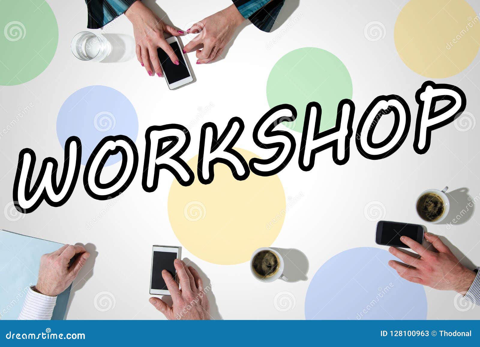 Word Workshop with Hands Using Smartphones Stock Image - Image of ...