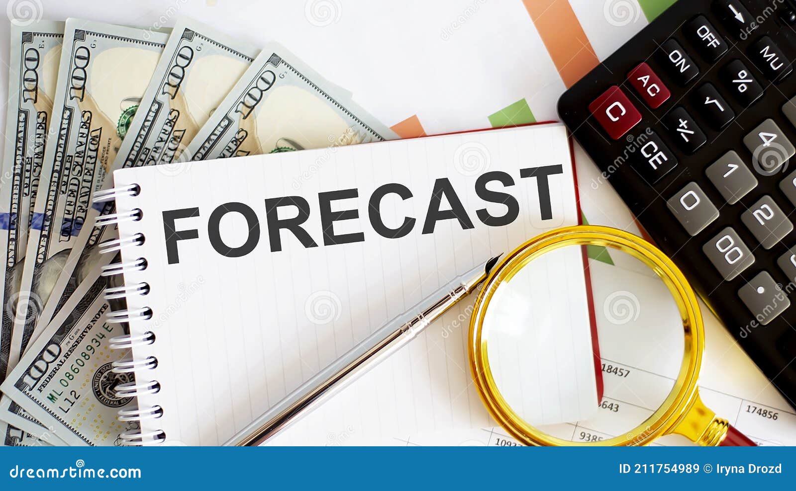 Word Writing Text FORECAST . Business Concept with Chart, Dollars and ...