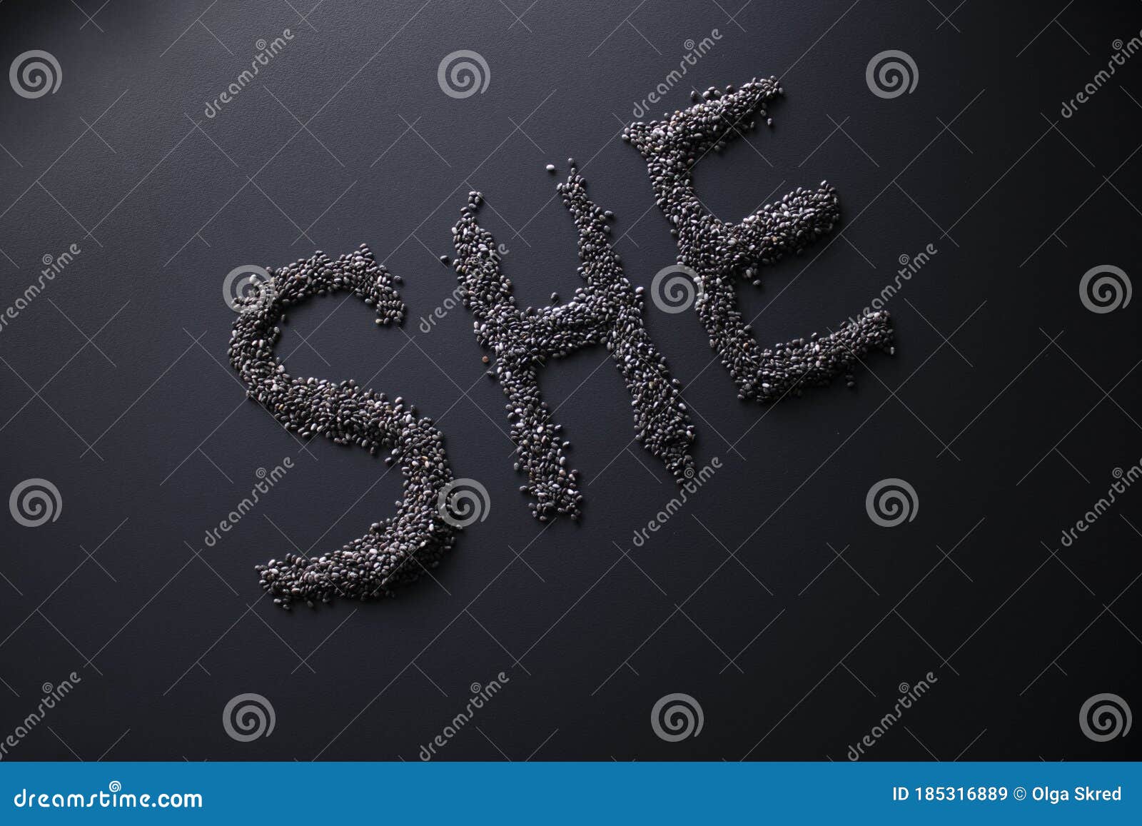 Word `she` Written with Chia Seeds on Gray Background, Top View, Copy ...