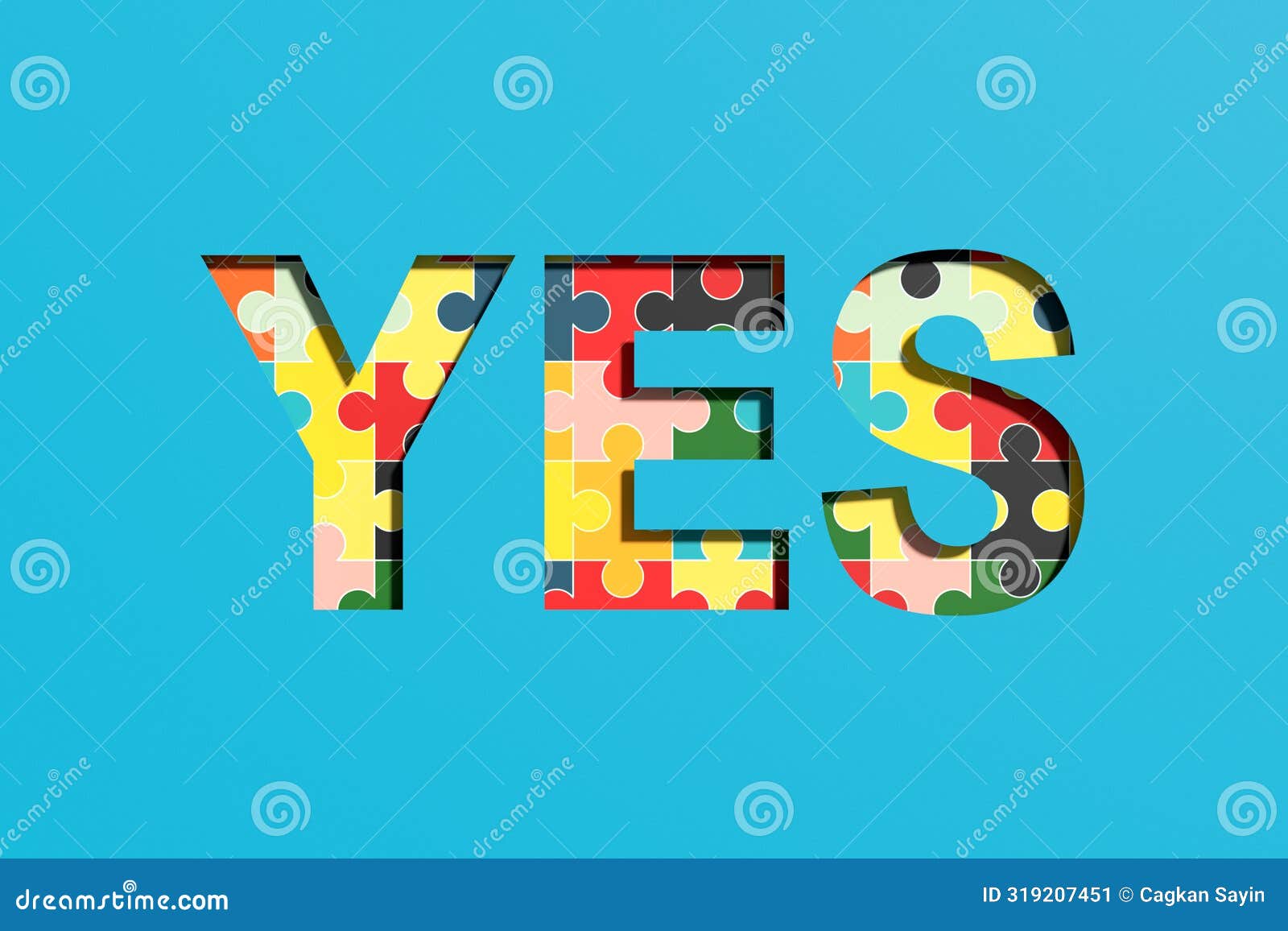 The Word Yes in Colorful Puzzle Texture Design on Blue Background Stock ...