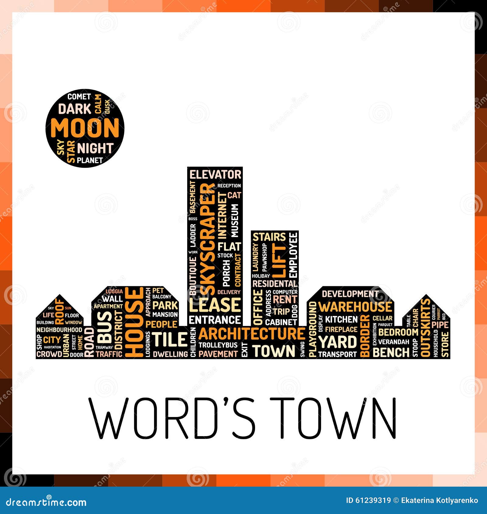 Wordcloud in shape of town stock vector. Illustration of dark - 61239319