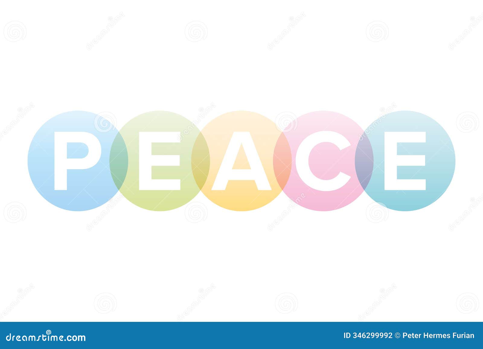 Letters of the Word Peace in White Capitals on Pastel Colored Circles ...