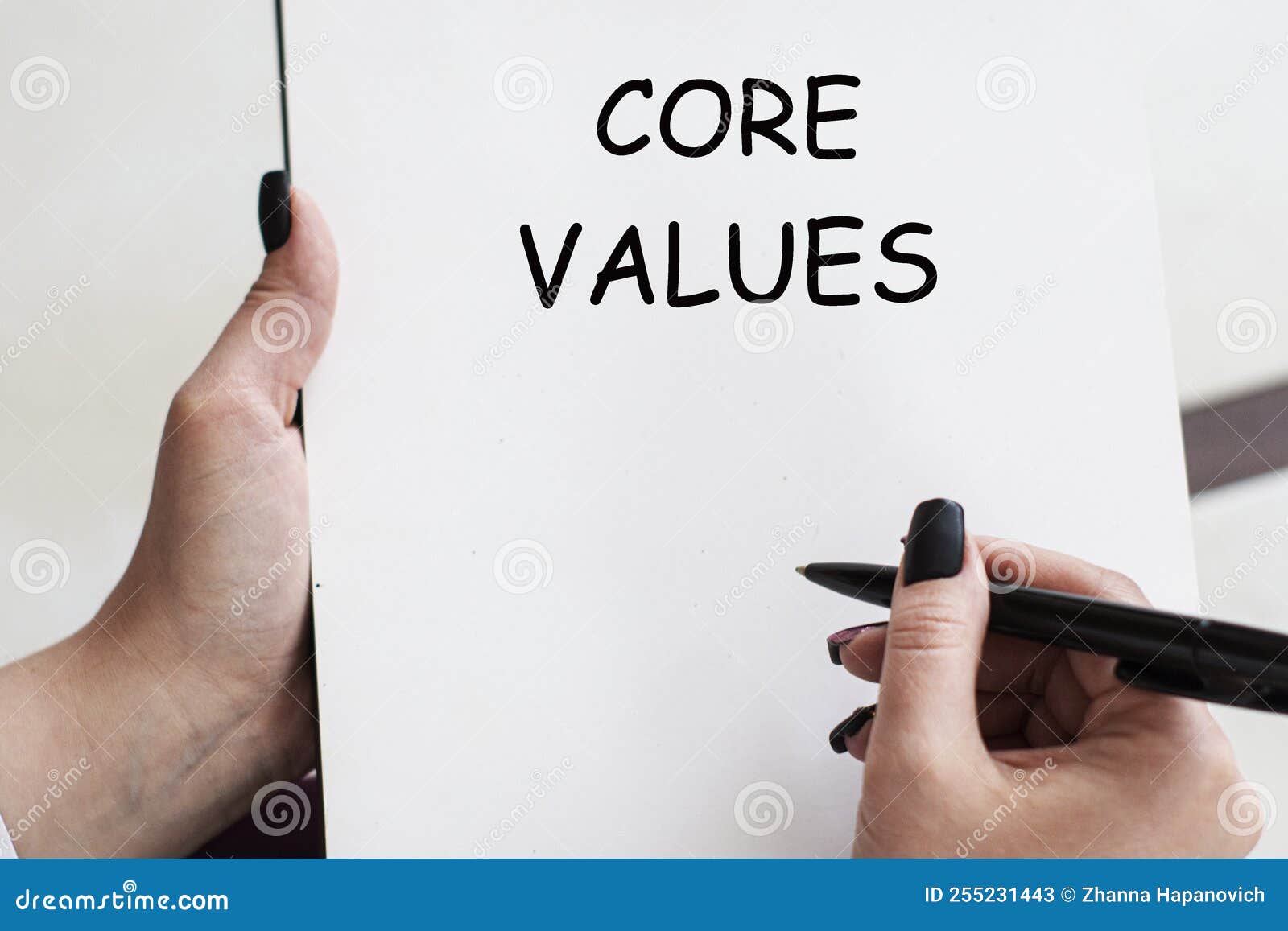 Words Core Values Writes Girl on a Blank White Sheet Stock Image ...