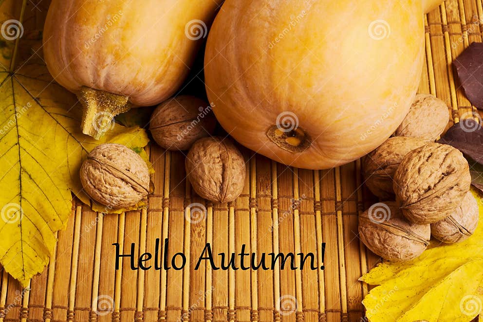 Words Hello Autumn on Rustic Background Stock Photo - Image of season ...