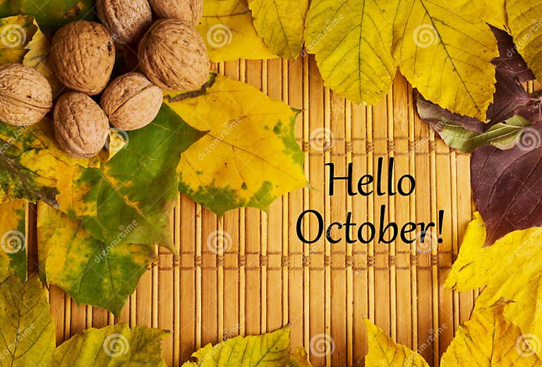 Words Hello October on Rustic Background Stock Photo - Image of harvest ...
