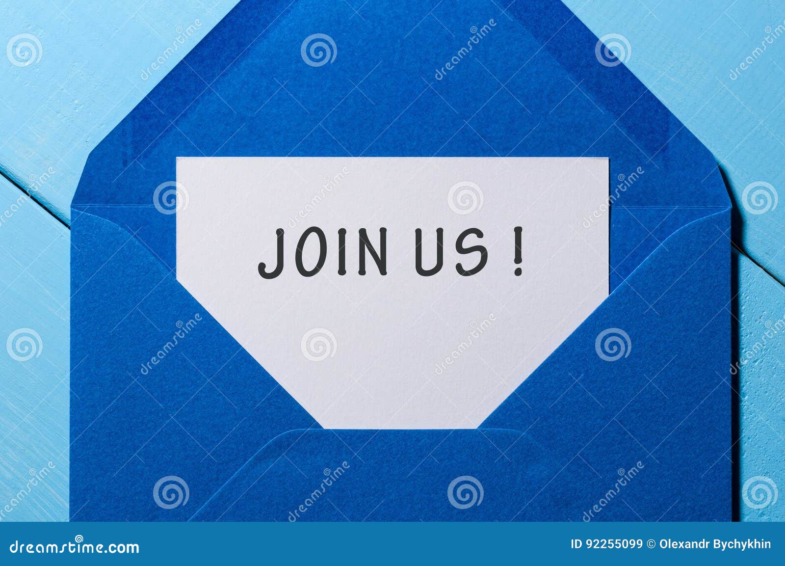 The Words JOIN US Written in Vintage Blue Envelope Stock Image - Image ...
