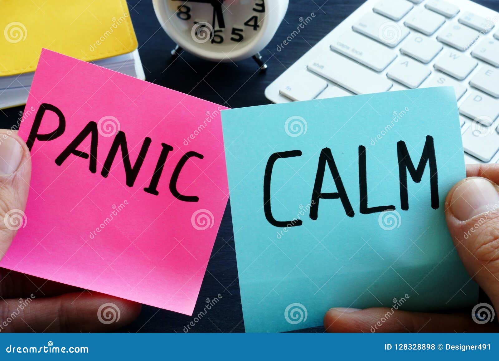 Panic Calm Concept. Hand Stops Falling Blocks With The Word Panic And ...