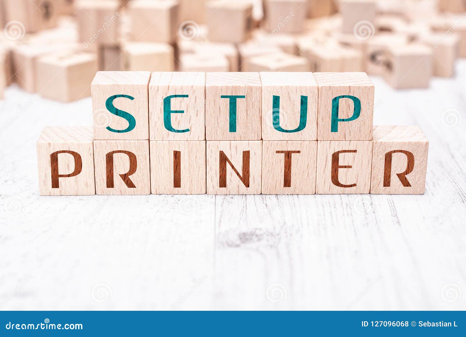 The Words Setup Printer Formed By Wooden Blocks On A White Table Stock ...