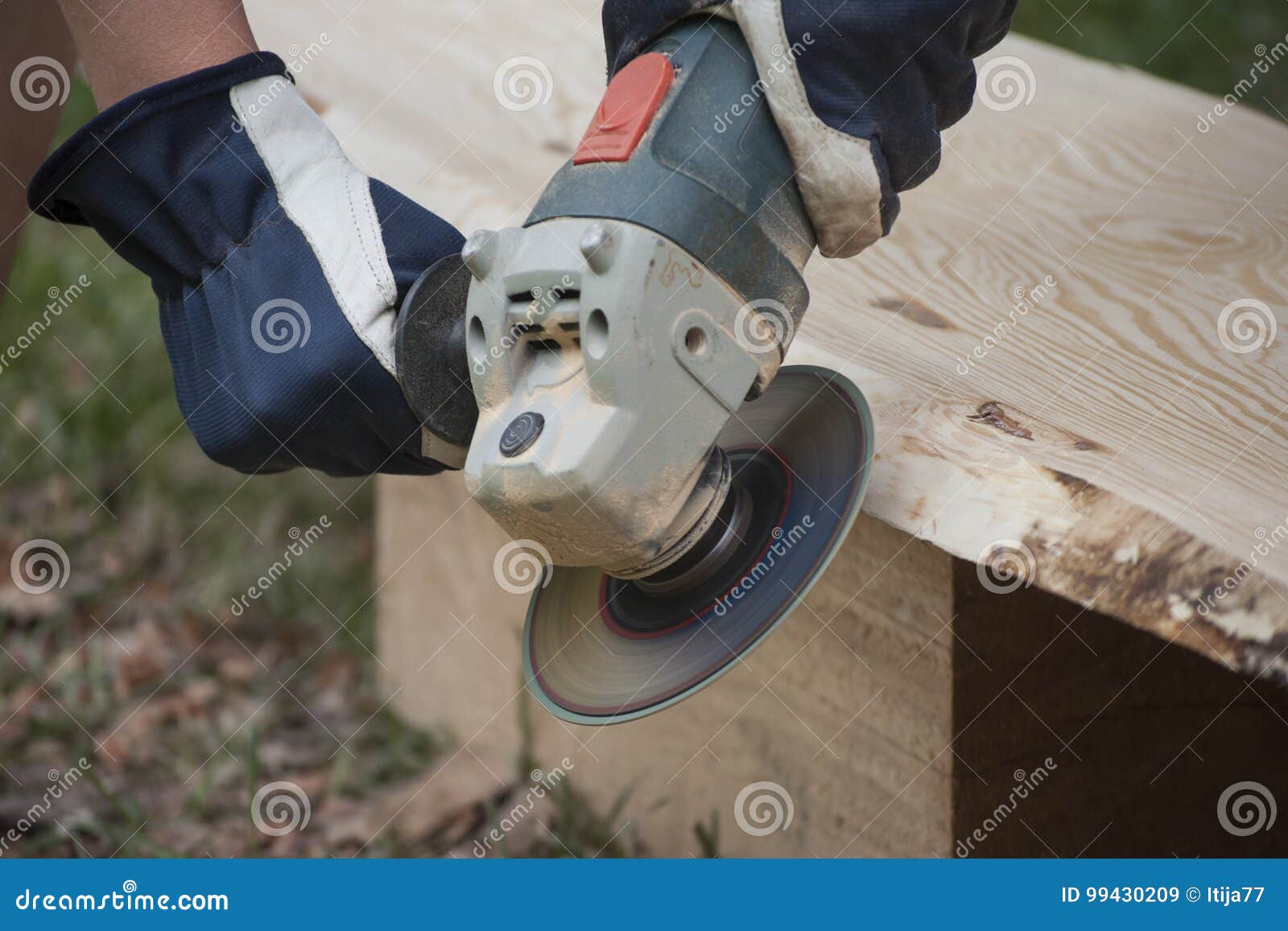 Work with Angle Grinder Machine and Wooden Plank from Pine for Log ...