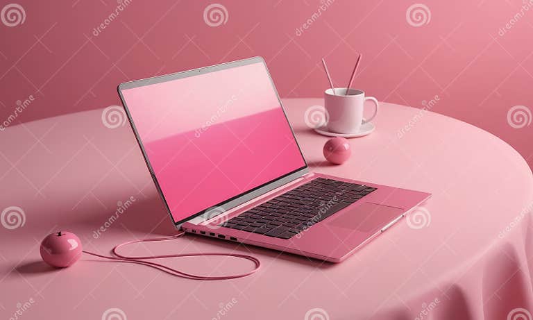 Laptop Computer with Pink Screen and Mouse on Table Stock Illustration ...