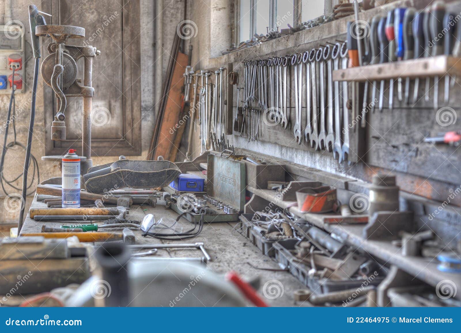Work Bench in an Old Dirty Workshop. Stock Image - Image of hammer ...