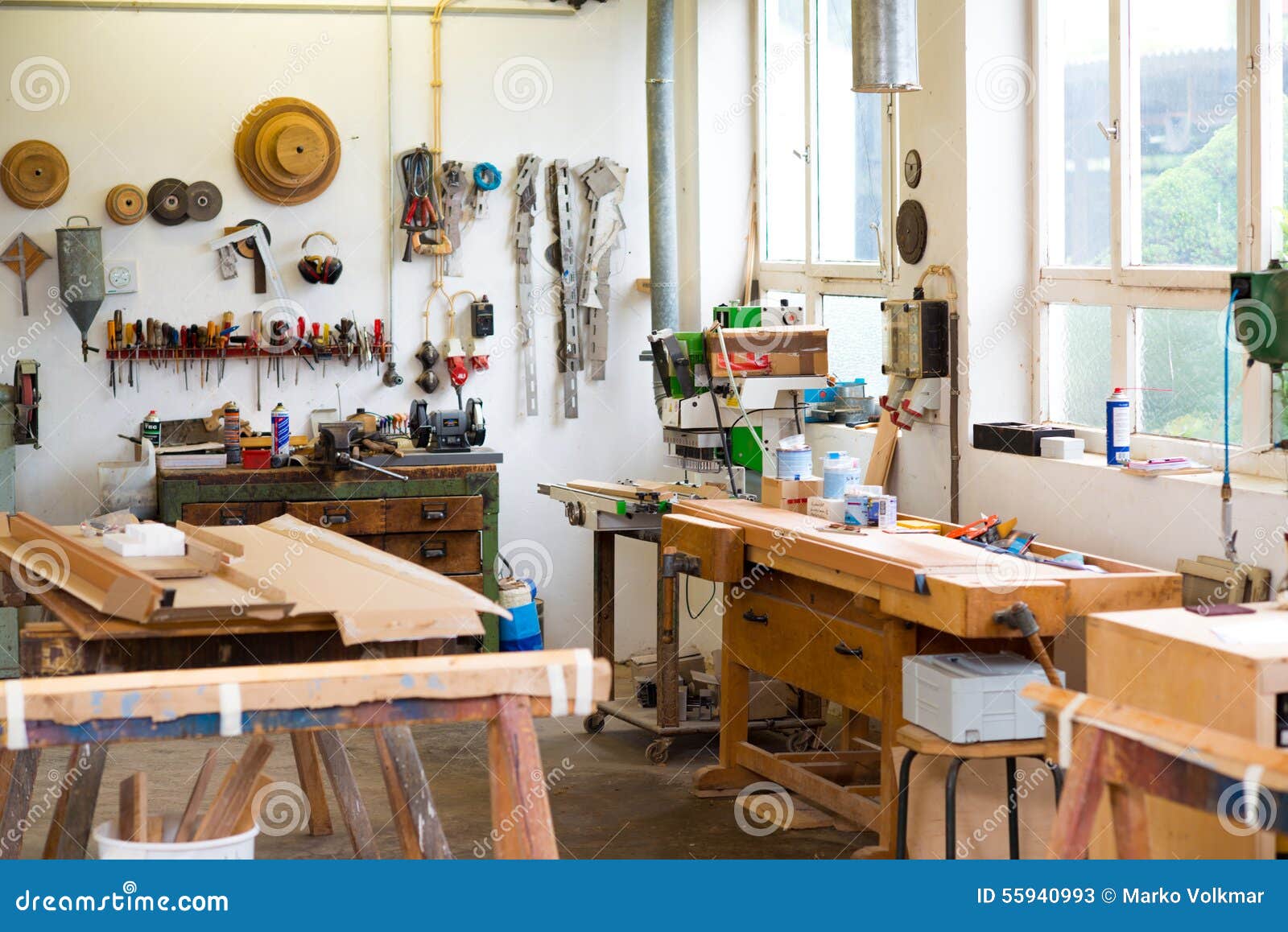 Work Bench with Tools in the Carpenter S Workshop Stock Image - Image ...