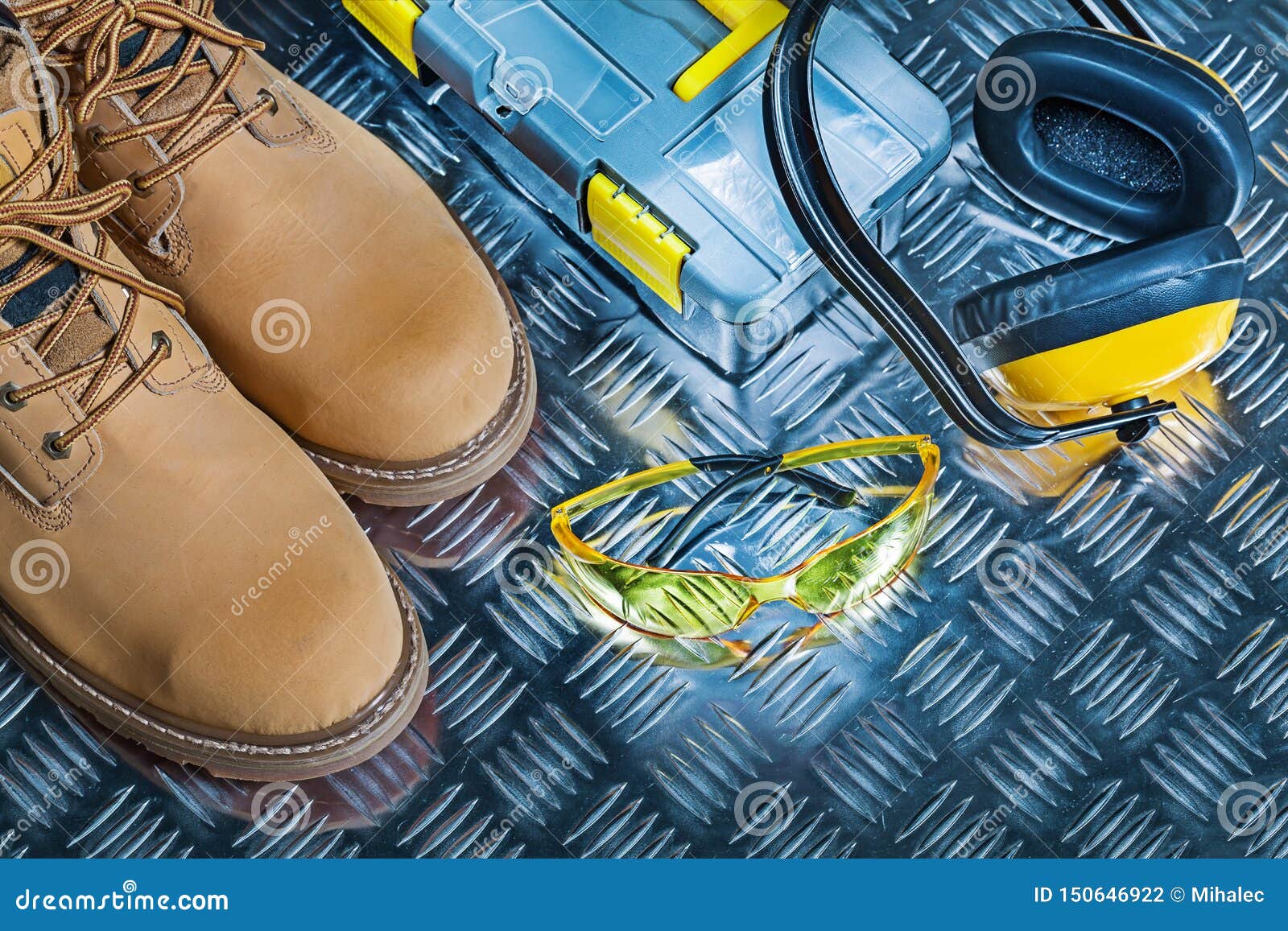 Work Boots Goggles Tool Box Earphones Stock Photo - Image of earmuffs ...