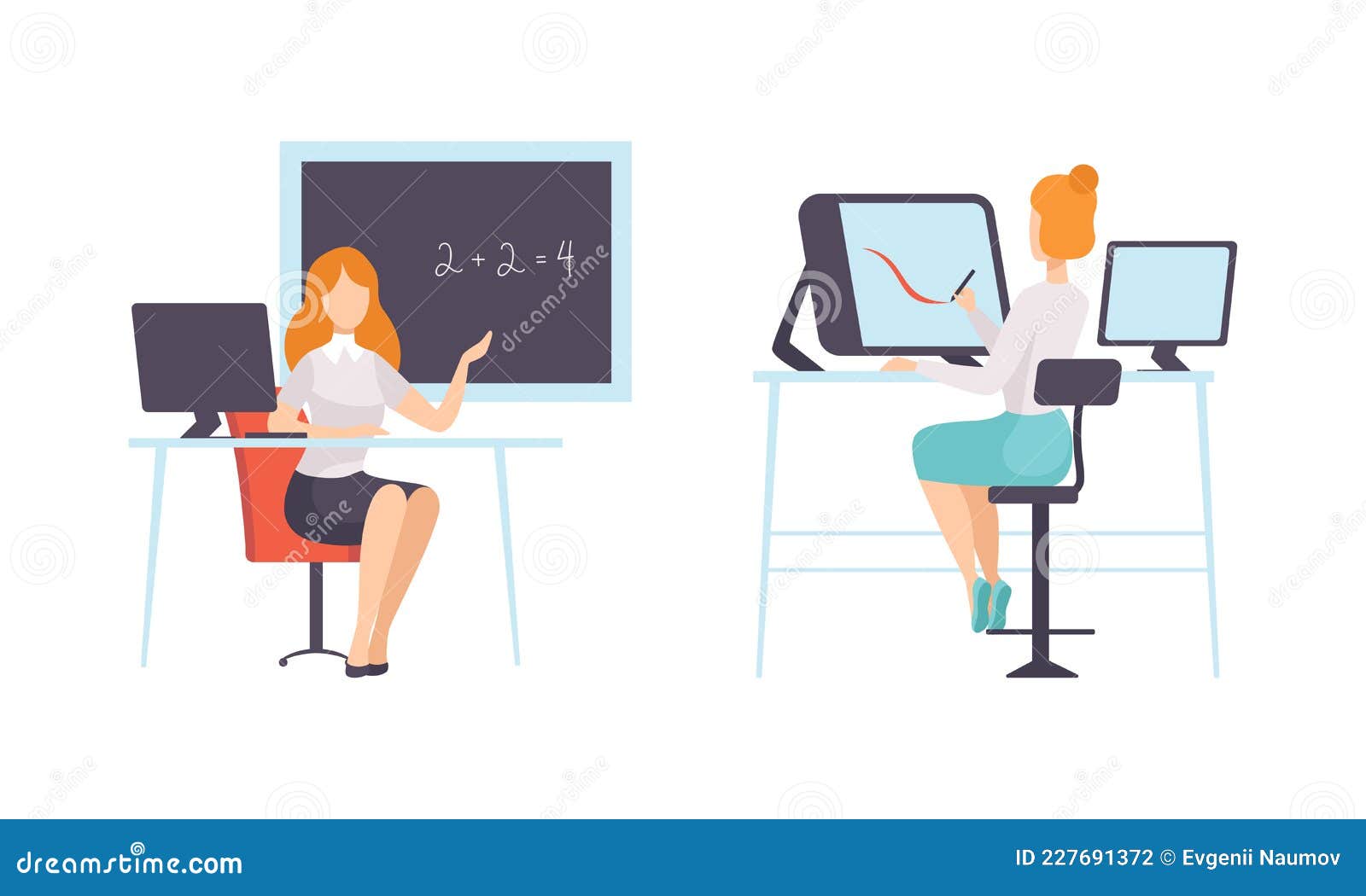 Work and Career with Woman Math Teaching and Drawing in Graphic Editor ...