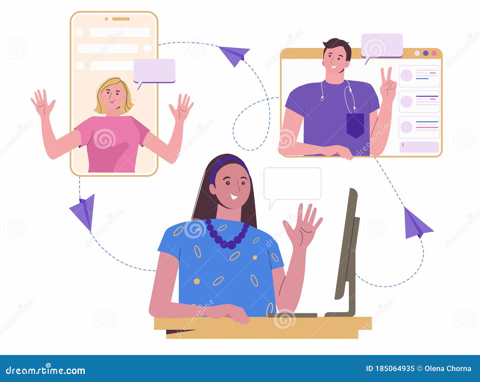 Work and Chat Online. Co-workers and Friends Work Remotely from Home ...