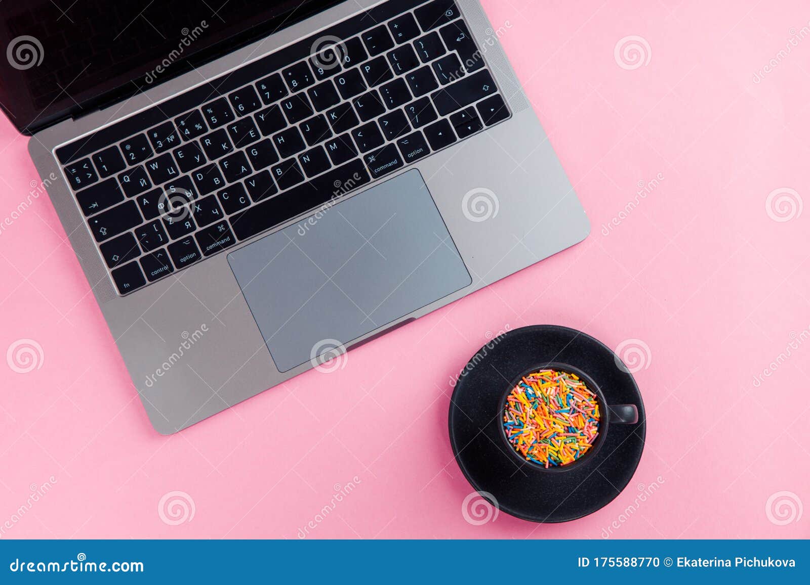 Work Computer on a Pink Background Top View. Flat Lay. Minimal Concept ...