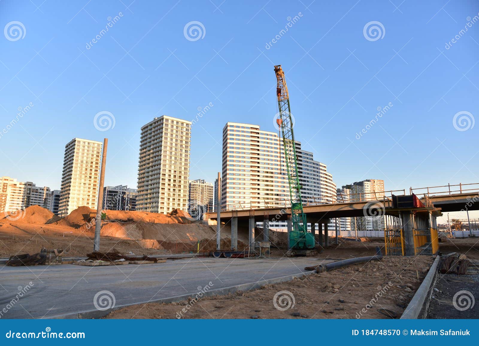 Work of Crawler Crane on Bridge Project Works. Roundabout Traffic ...