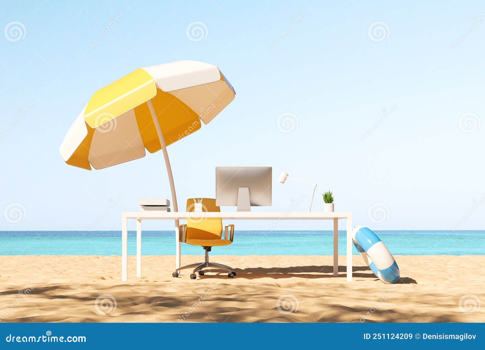 Work Desk on a Beach, Office Tools and Accessories. Remote Work Stock ...