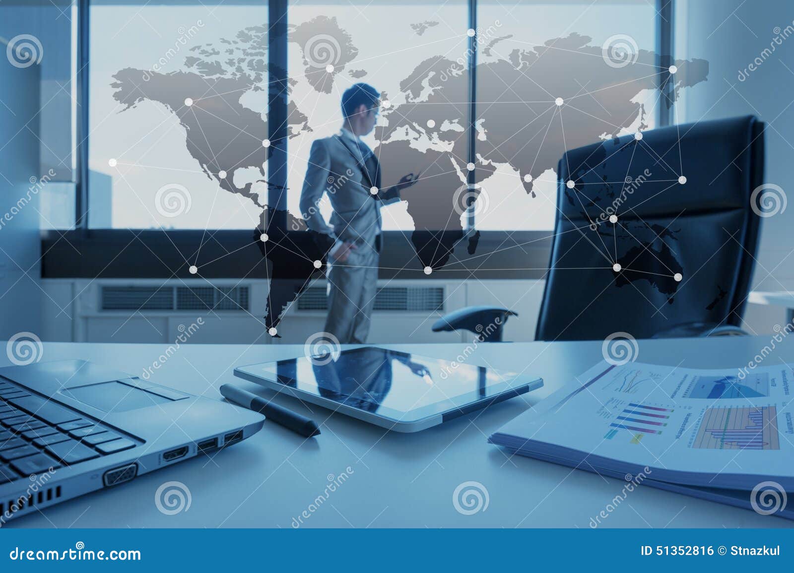 Work Desk of Businessman with Laptop, Globalization Business Stock ...