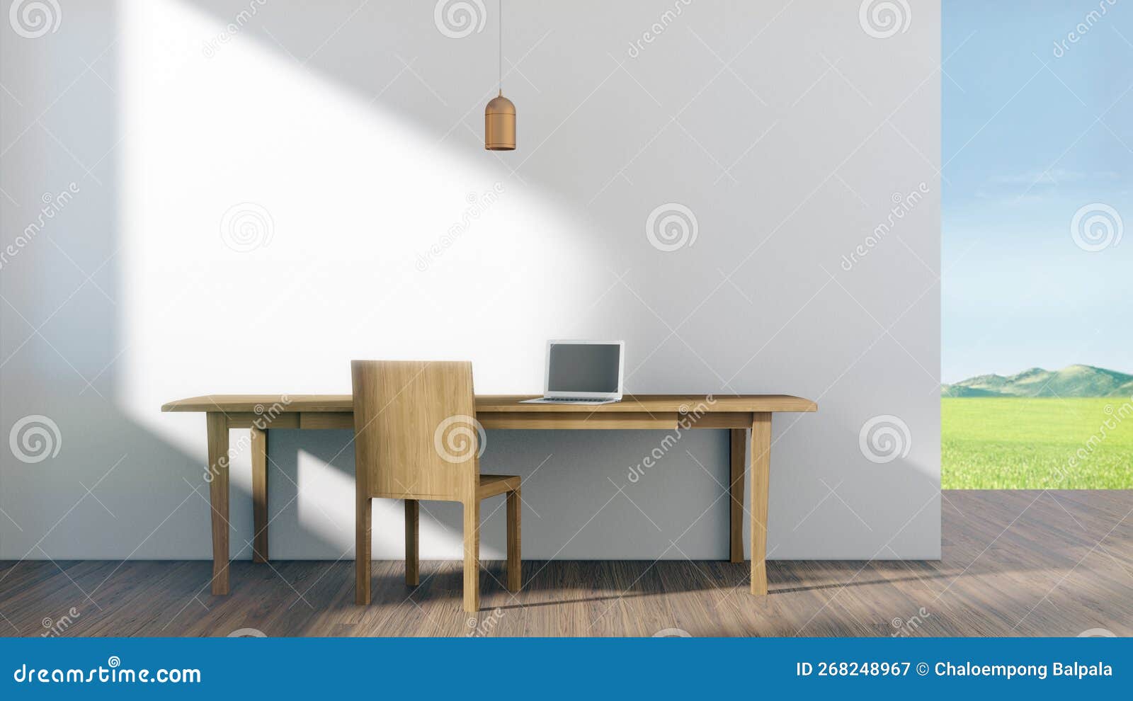 Work Desk with Computer Notebook in an Empty Room Looking Out To a View ...