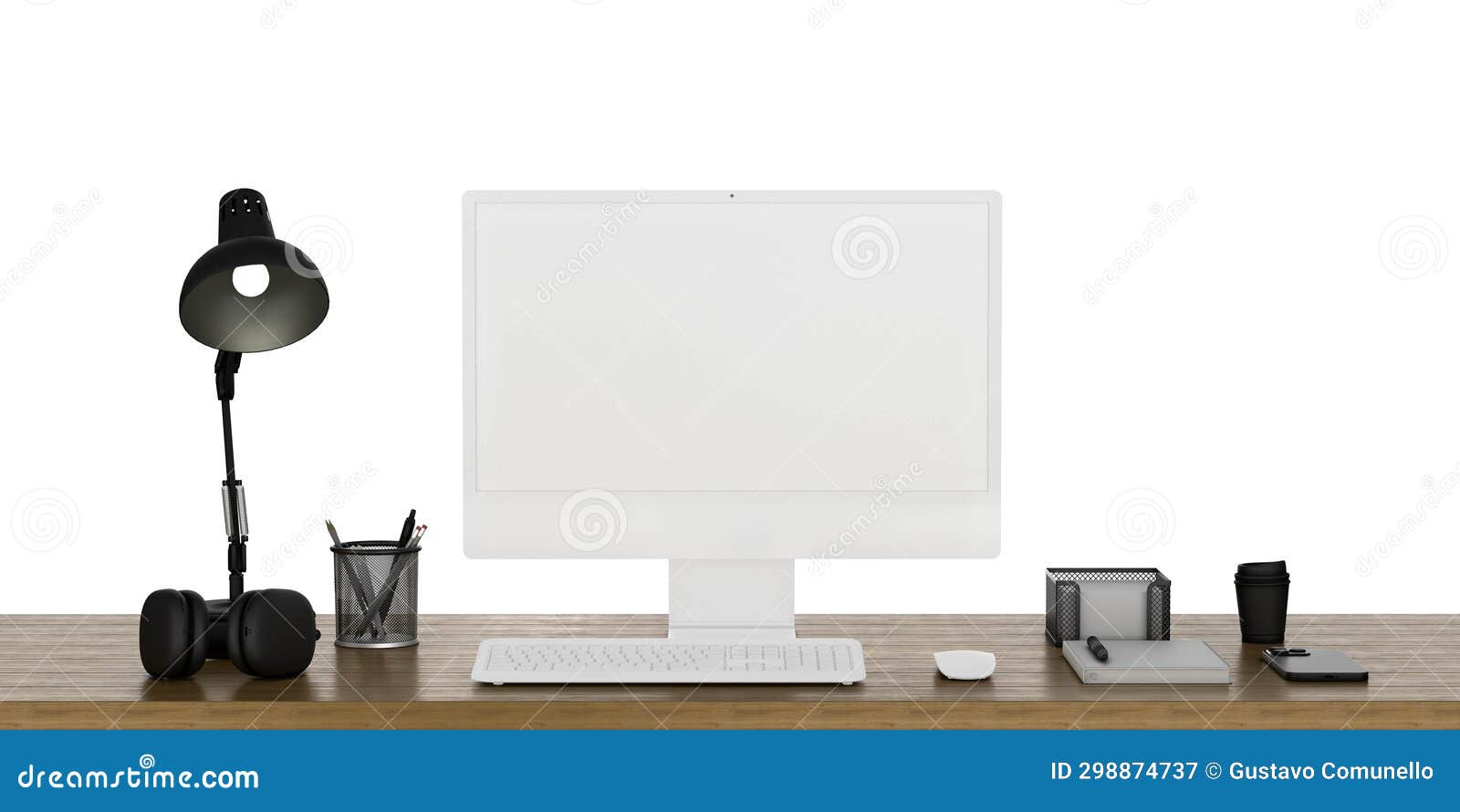 Work Desk with Computer on White Background Stock Image - Image of wood ...