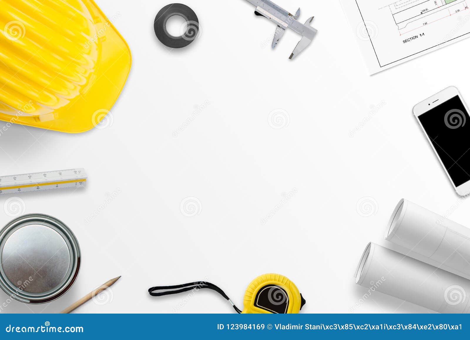 Work Desk on Construction Site. Tools, Measuring Instruments and ...