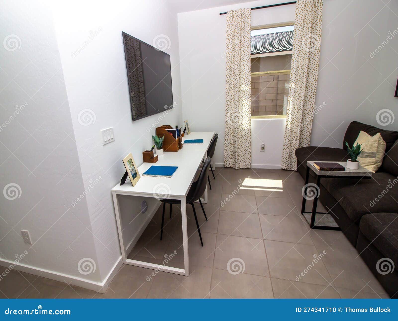 Work Desk and Couch in Home Den Stock Photo - Image of screen, light ...