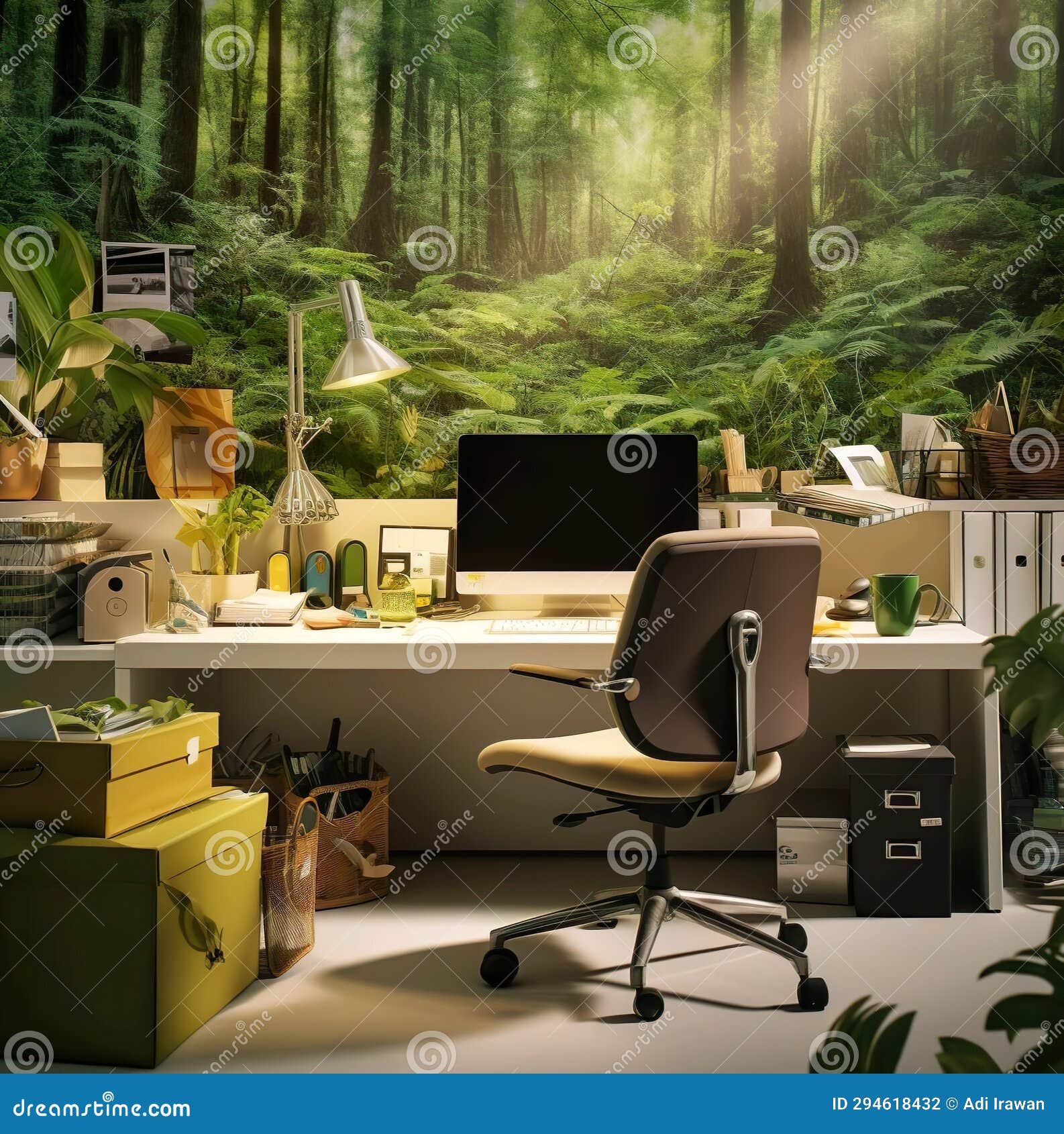 Work Desk with Forest Painting on the Wall Stock Illustration ...