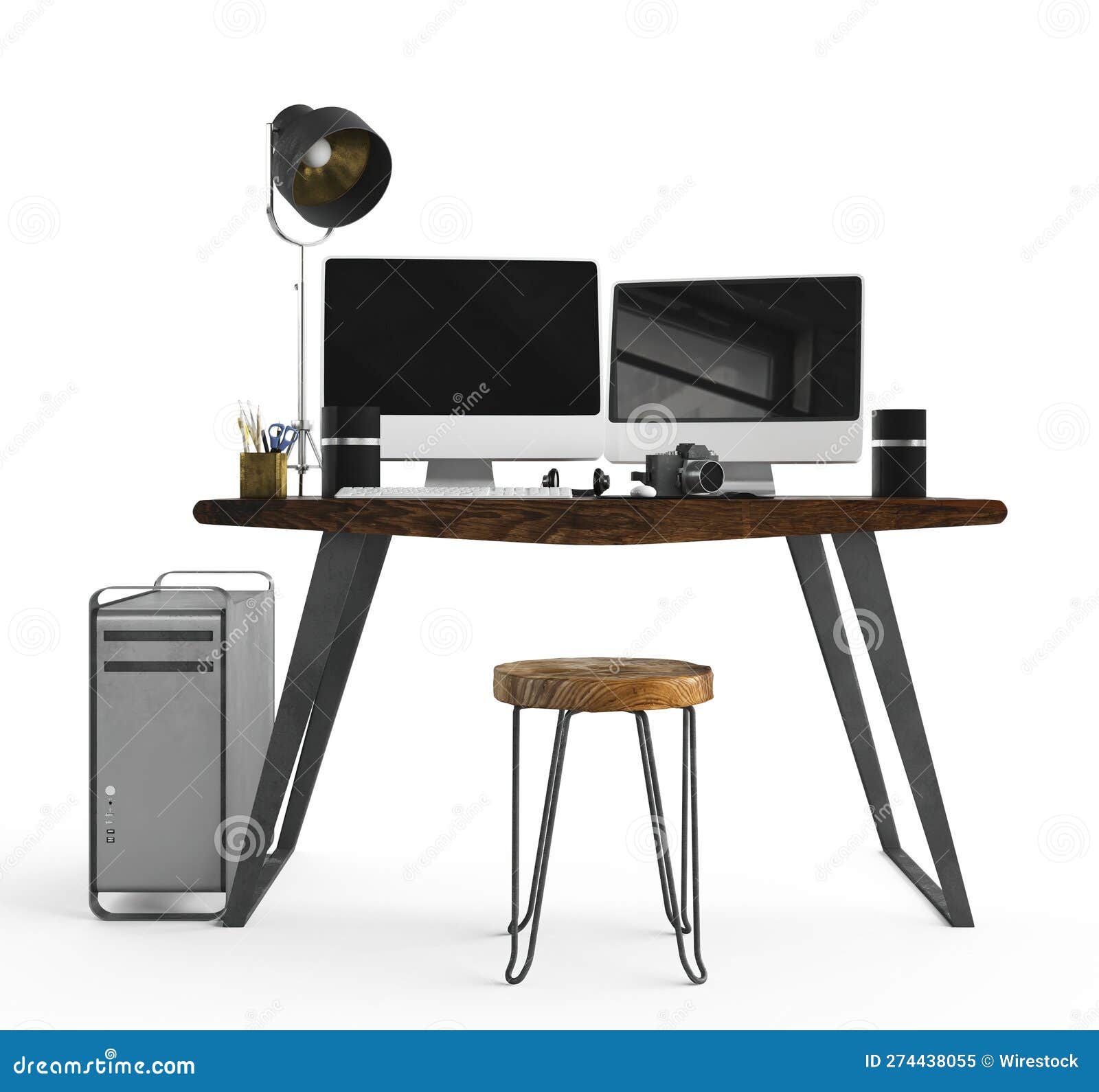 Work Desk with a Keyboard and Two Computer Monitors on Its Surface, 3D ...