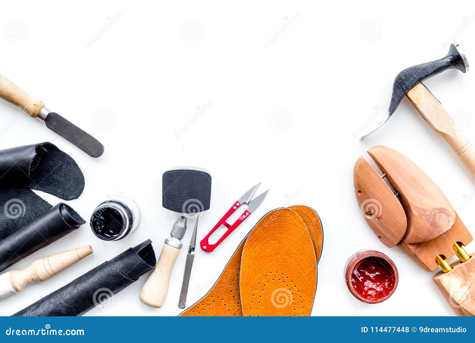 Work Desk of Shoemaker with Instruments, Wooden Shoe and Leather. White ...