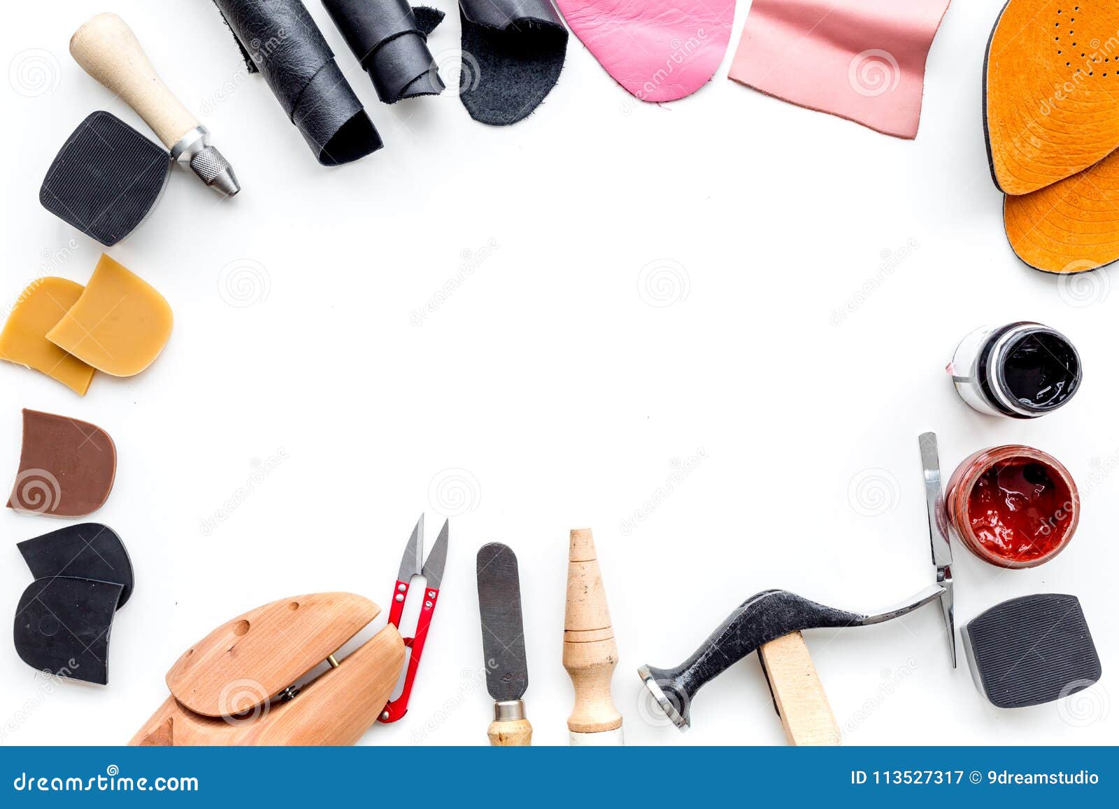 Work Desk of Shoemaker with Instruments, Wooden Shoe and Leather. White ...