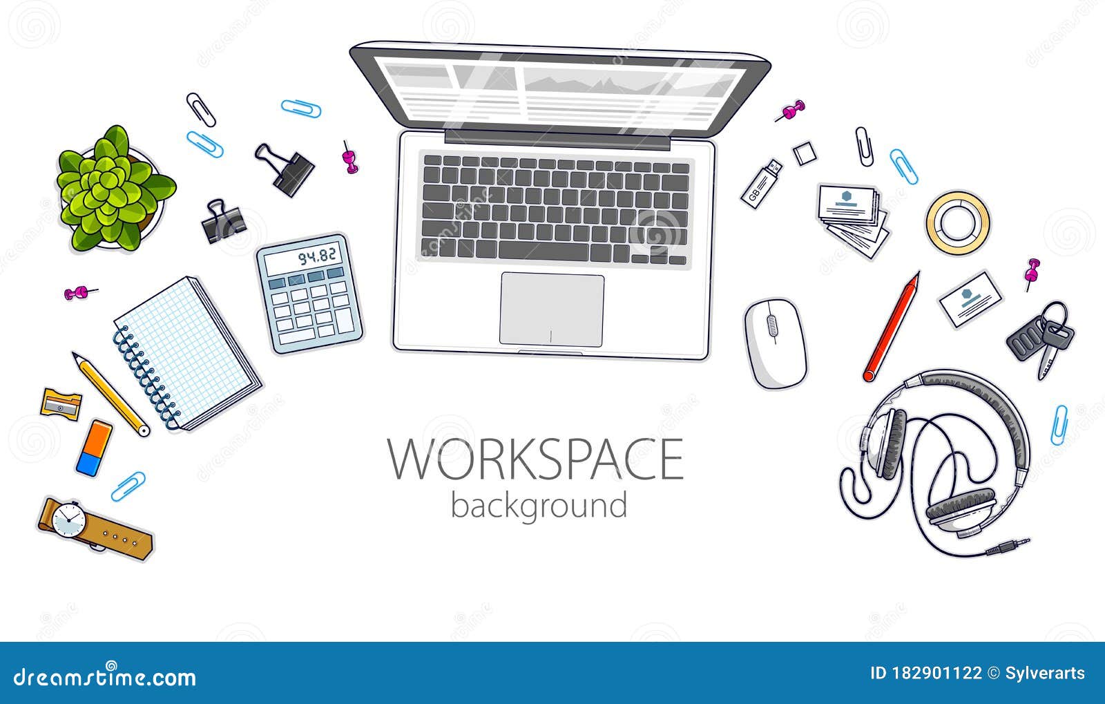 Work Desk Workspace Top View with Laptop Computer and a Lot of ...