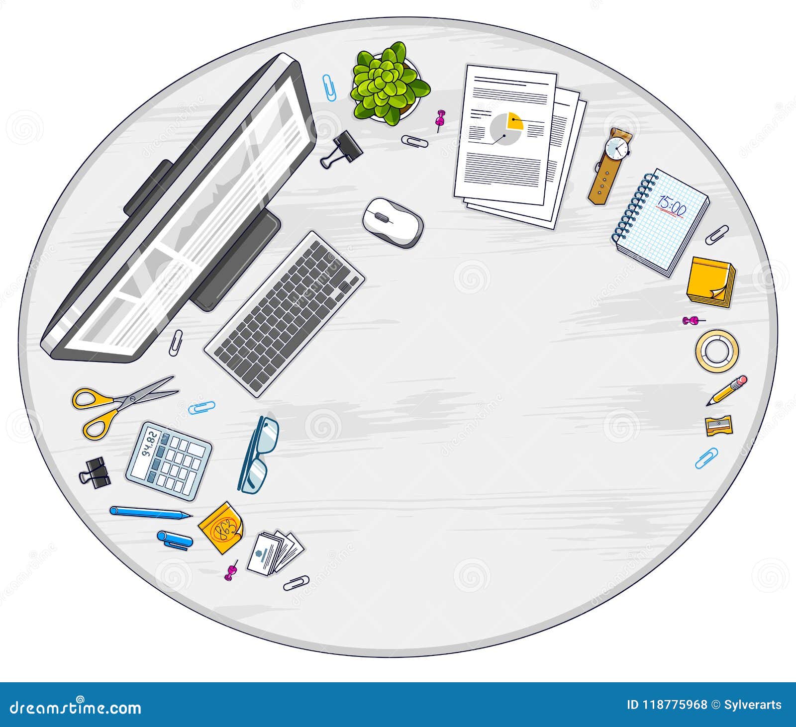 Work Desk Workspace Top View with PC Computer and a Lot of Different ...