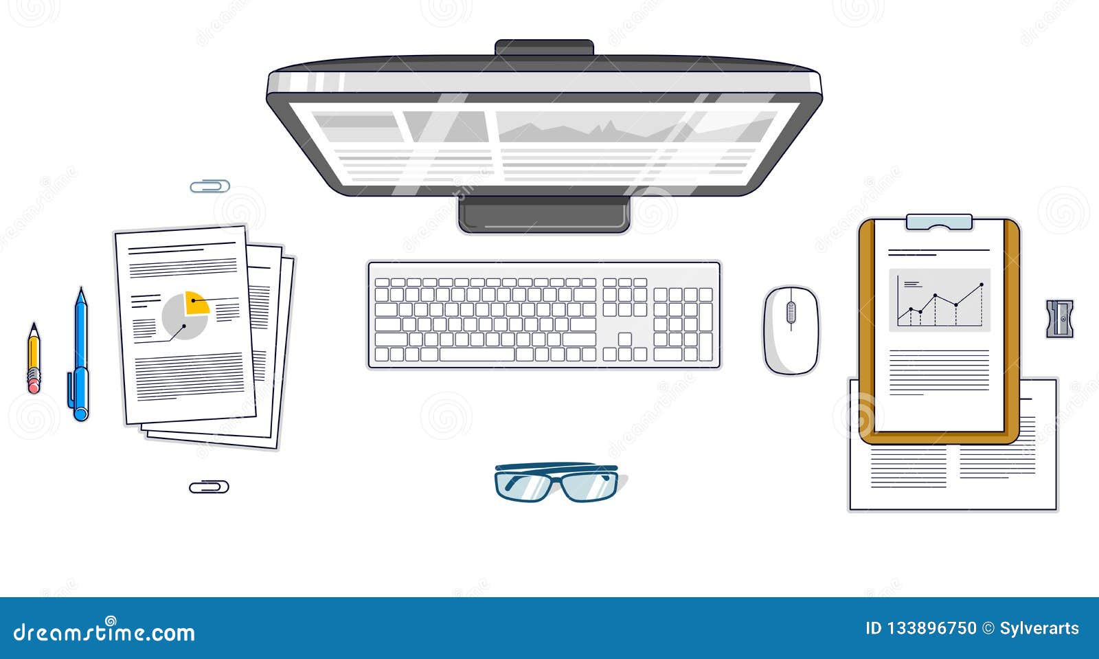 Work Desk Workspace Top View with PC Computer and a Lot of Different ...