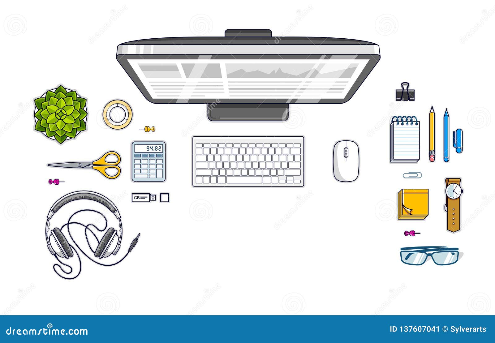 Work Desk Workspace Top View with PC Computer and a Lot of Different ...