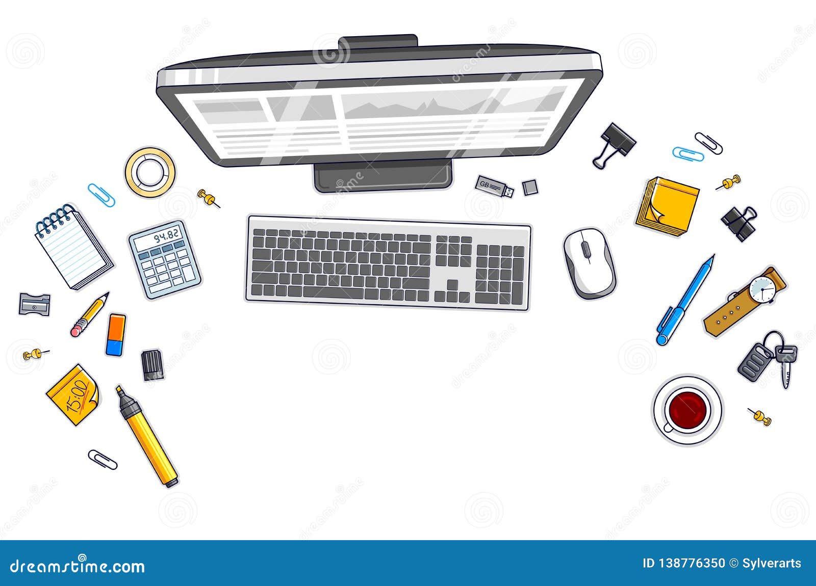 Work Desk Workspace Top View with PC Computer and a Lot of Different ...