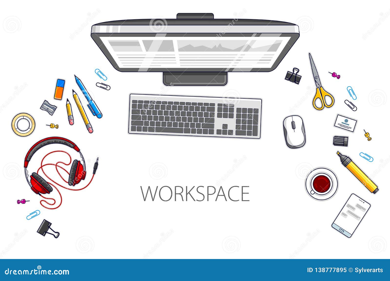Work Desk Workspace Top View with PC Computer and a Lot of Different ...