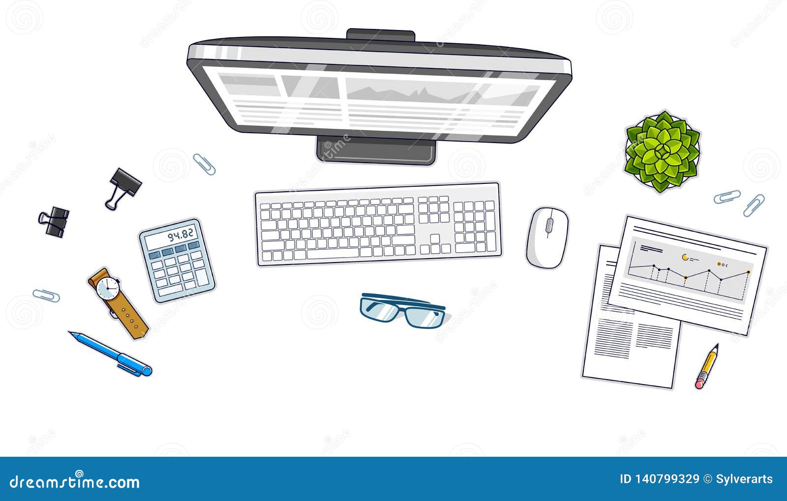 Work Desk Workspace Top View with PC Computer and a Lot of Different ...