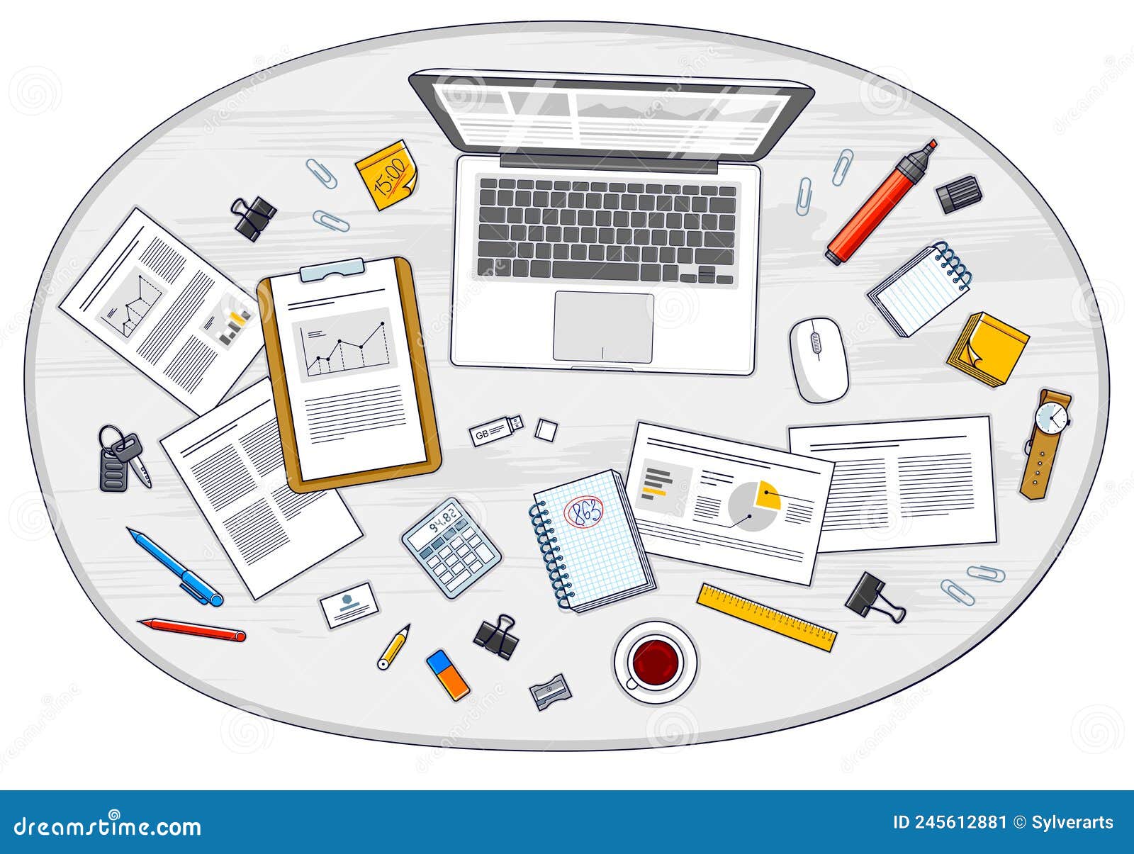 Work Desk Workspace Top View with PC Notebook and Analytics Papers with ...