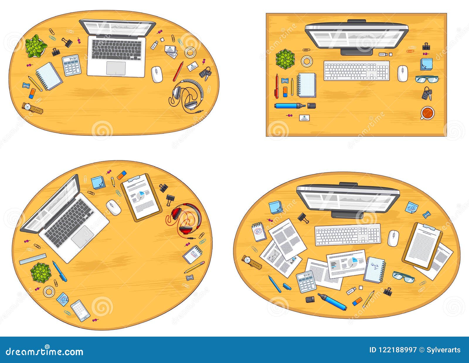 Work Desks Workspaces Top View with PC or Laptops and a Lot of D Stock ...