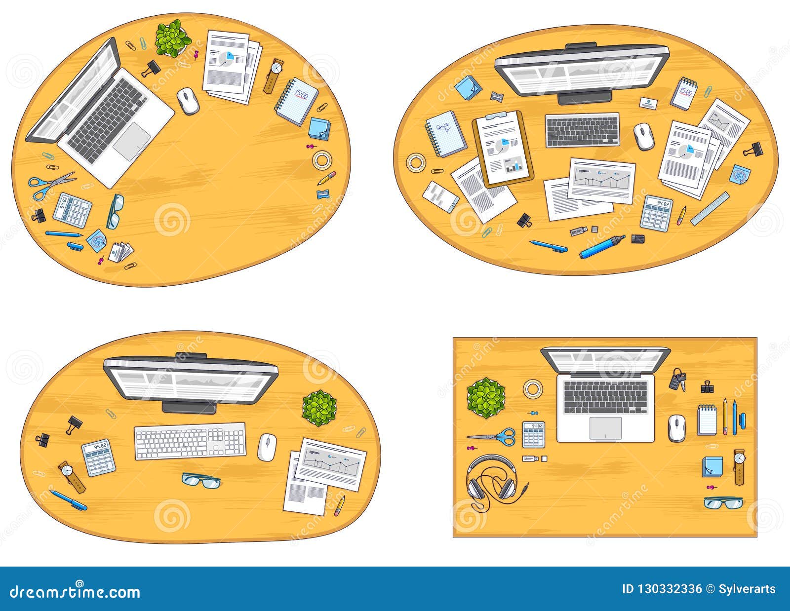 Work Desks Workspaces Top View with PC or Laptops and a Lot of D Stock ...